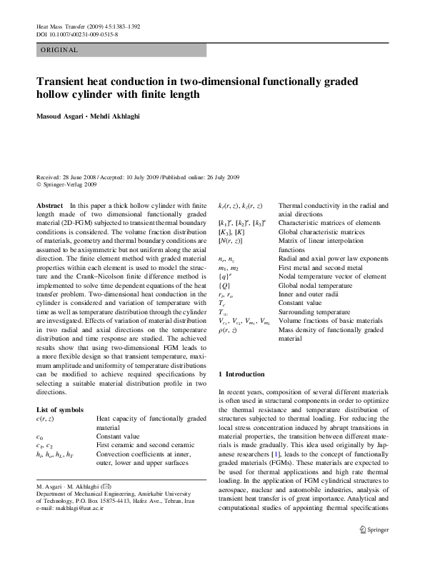 Pdf Transient Heat Conduction In Two Dimensional Functionally Graded