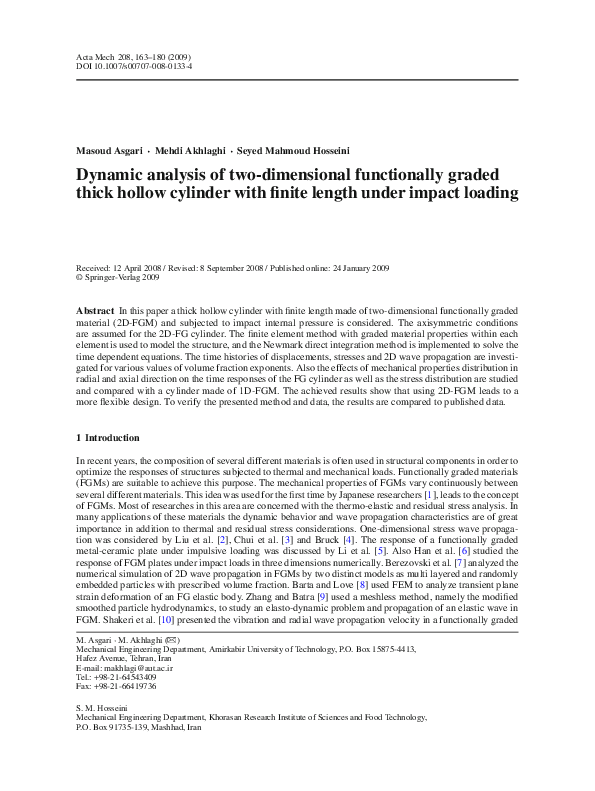 (PDF) Dynamic analysis of two-dimensional functionally graded thick hollow cylinder with finite ...