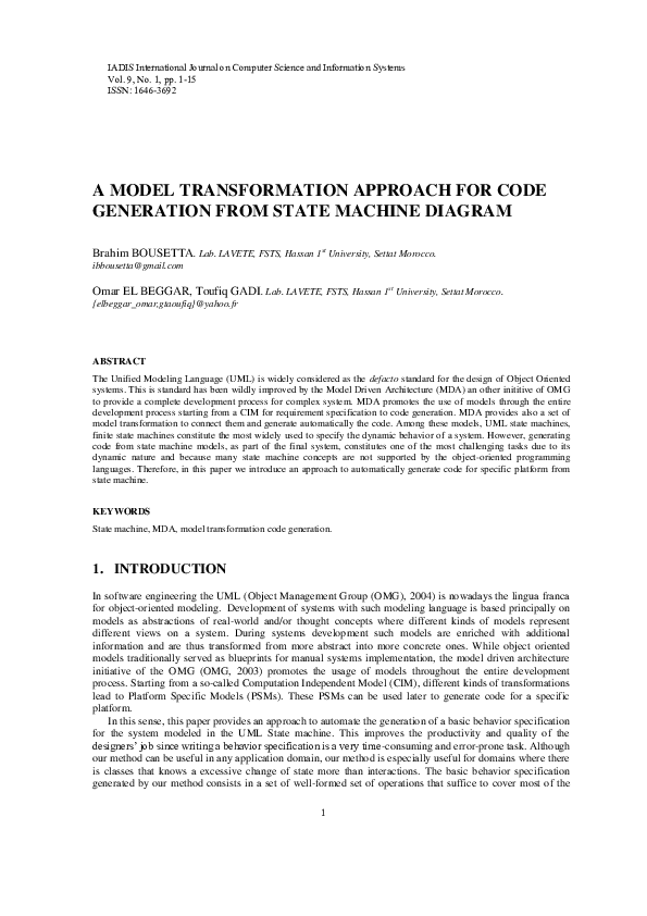 Pdf A Model Transformation Approach For Code Generation From State