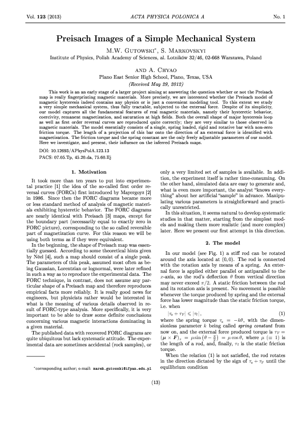 (PDF) ACTA PHYSICA POLONICA A Preisach Images of a Simple Mechanical System