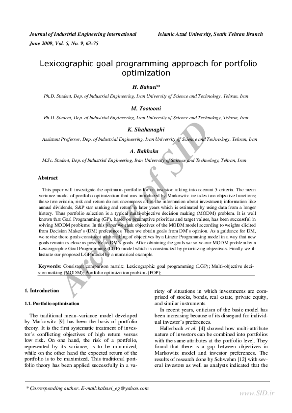 (PDF) Lexicographic goal programming approach for portfolio optimization