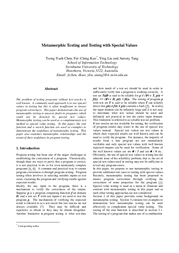 Pdf Metamorphic Testing And Testing With Special Values