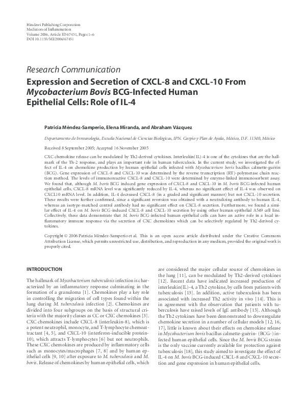 (PDF) Expression and Secretion of CXCL-8 and CXCL-10 From Mycobacterium ...