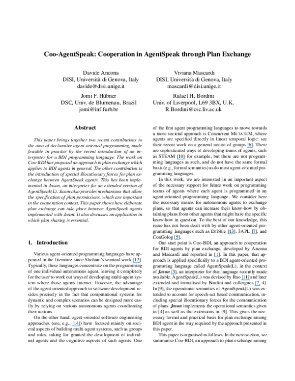 (PDF) Coo-AgentSpeak: Cooperation in AgentSpeak through Plan Exchange