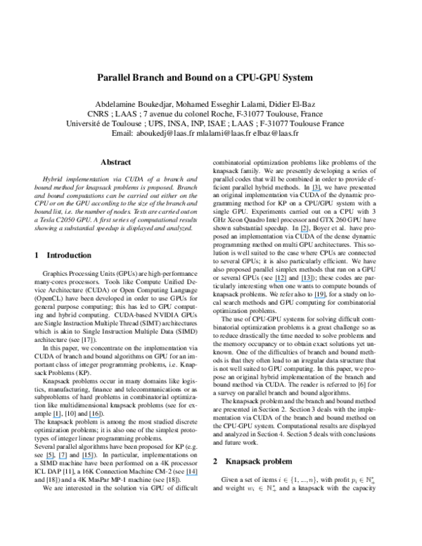 Pdf Parallel Branch And Bound On A Cpu Gpu System