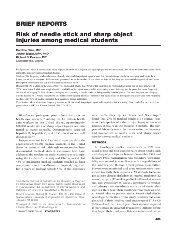 (PDF) Risk of needle stick and sharp object injuries among medical ...
