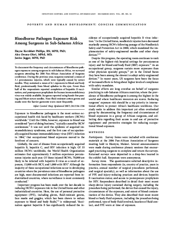 (PDF) Bloodborne Pathogen Exposure Risk Among Surgeons in Sub‐Saharan ...
