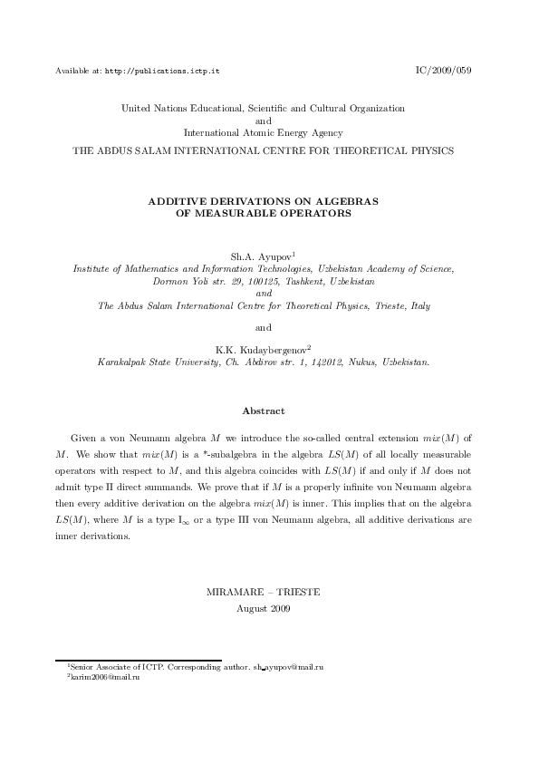 Pdf Additive Derivations On Algebras Of Measurable Operators