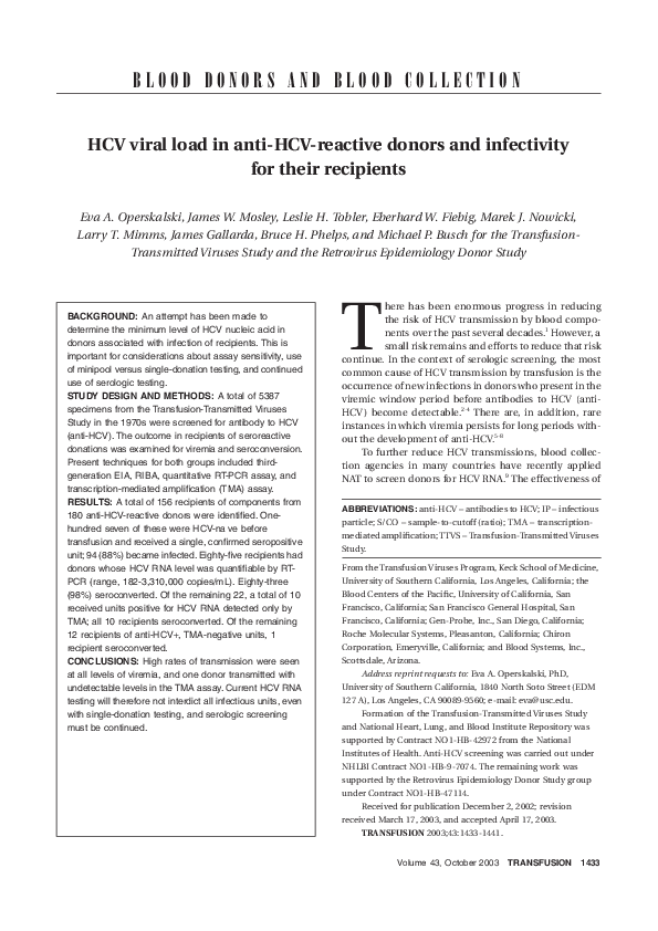 (PDF) HCV viral load in anti-HCV-reactive donors and infectivity for ...