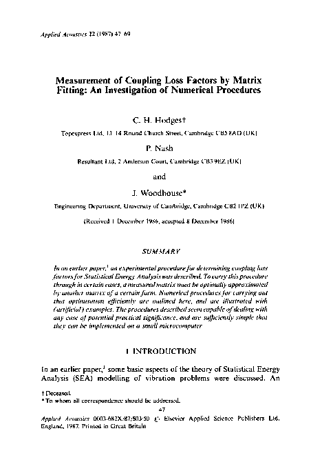 (PDF) Measurement of coupling loss factors by matrix fitting: An ...