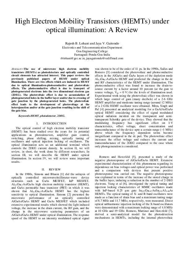 (PDF) High Electron Mobility Transistors (HEMTs) under optical ...