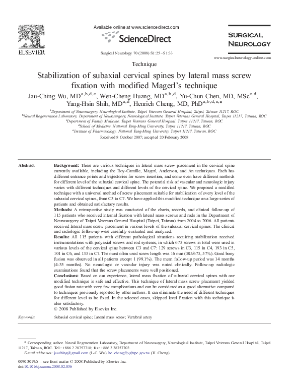 (PDF) Stabilization of subaxial cervical spines by lateral mass screw ...