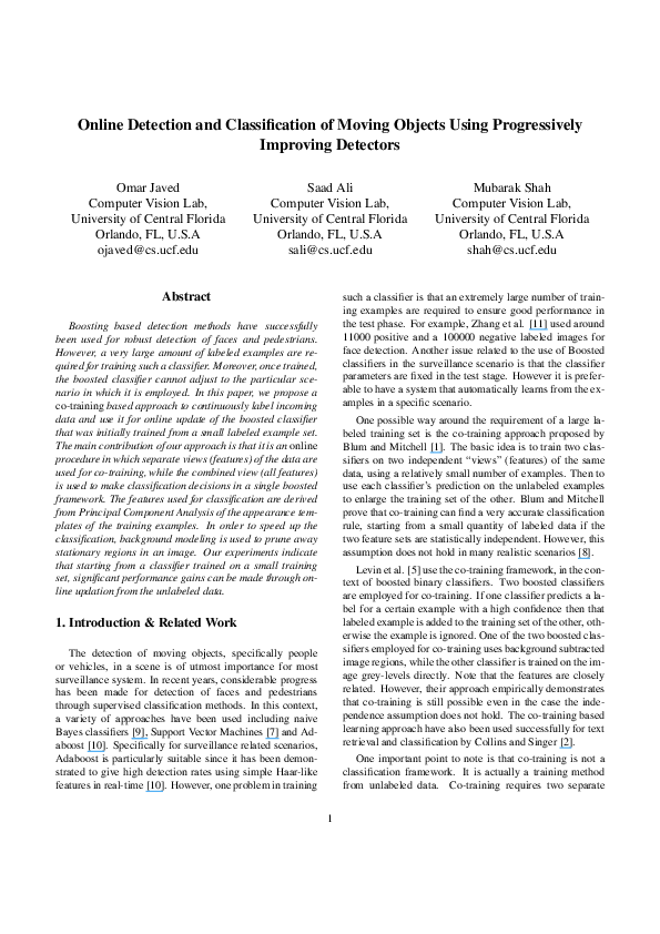 Pdf Online Detection And Classification Of Moving Objects Using Progressively Improving Detectors
