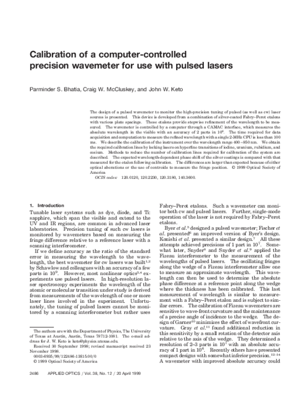 (PDF) Calibration of a Computer-Controlled Precision Wavemeter for Use ...