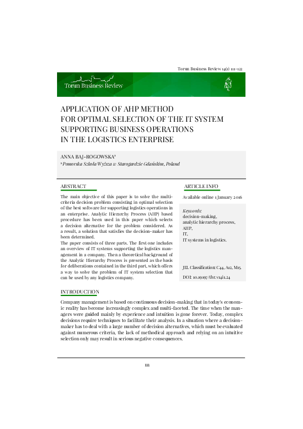 Pdf Application Of Ahp Method For Optimal Selection Of The It System