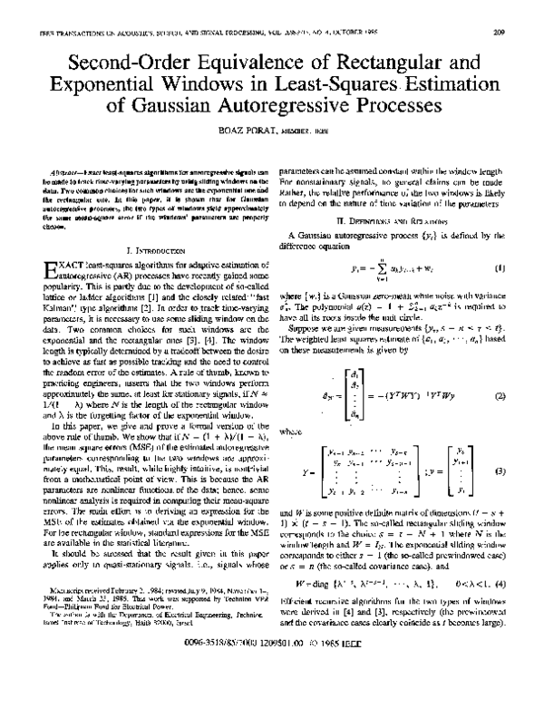 Pdf Second Order Equivalence Of Rectangular And Exponential Windows In Least Squares