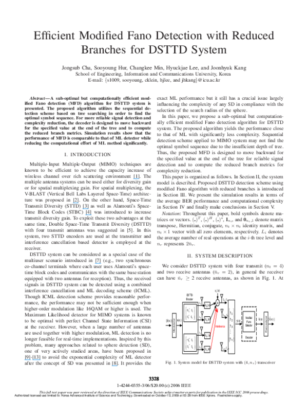 (PDF) Efficient Modified Fano Detection with Reduced Branches for DSTTD System