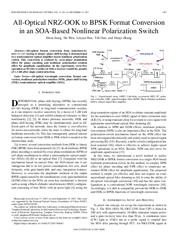 (PDF) All-Optical NRZ-OOK to BPSK Format Conversion in an SOA-Based Nonlinear Polarization Switch