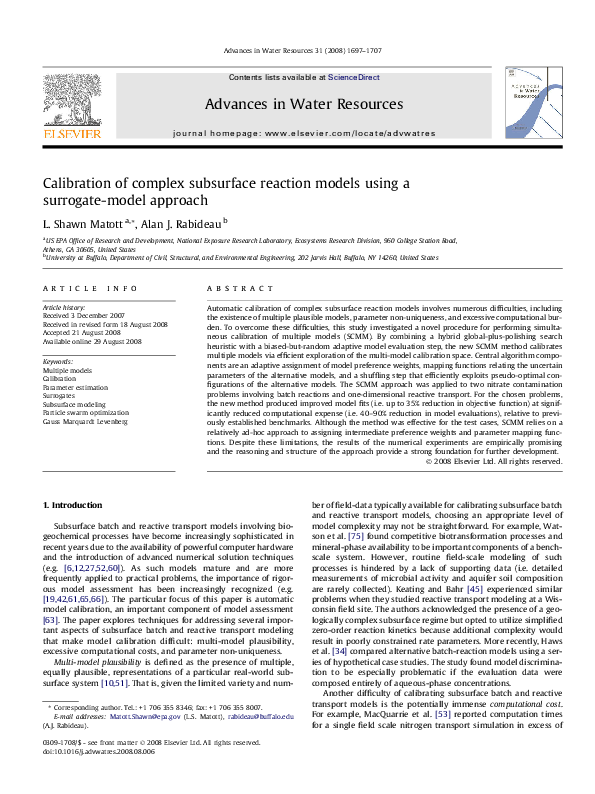 Pdf Calibration Of Complex Subsurface Reaction Models Using A Surrogate Model Approach Alan
