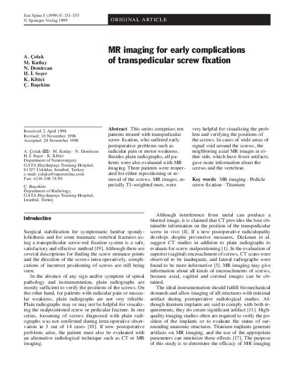 (PDF) MR imaging for early complications of transpedicular screw fixation