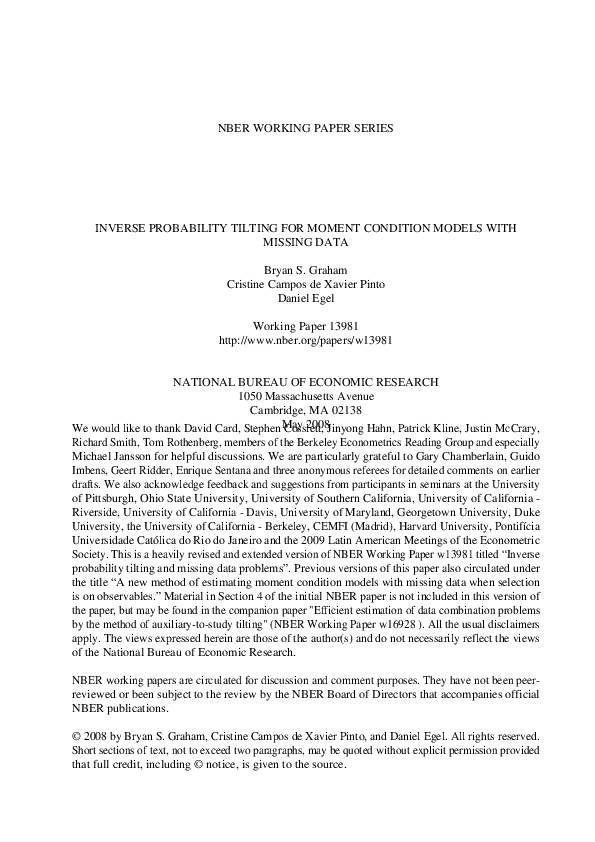 (PDF) INVERSE PROBABILITY TILTING AND MISSING DATA PROBLEMS