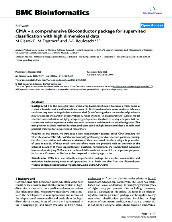 (PDF) CMA - a comprehensive Bioconductor package for supervised classification with high ...