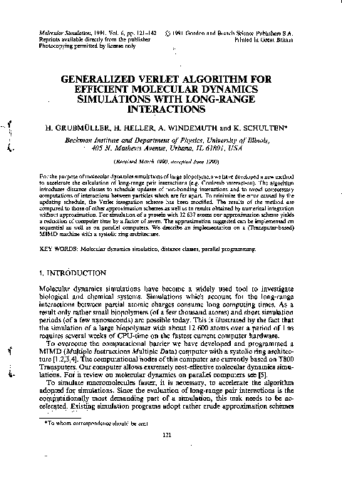 Pdf Generalized Verlet Algorithm For Efficient Molecular Dynamics Simulations With Long Range