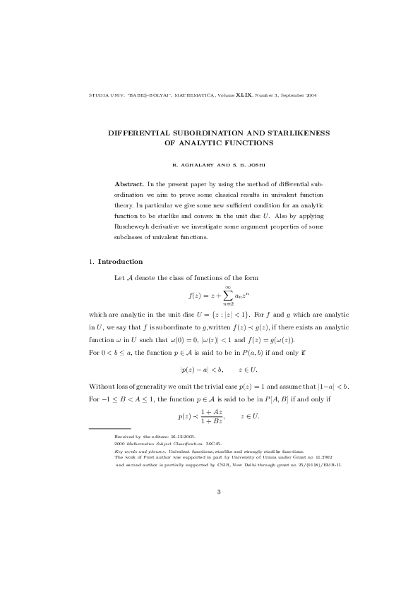 (PDF) A differential subordination and starlikeness of analytic functions