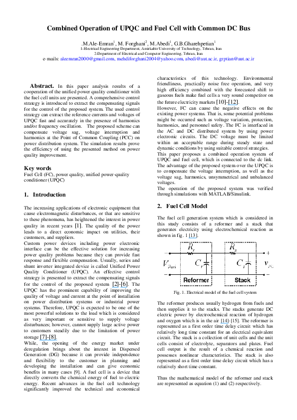 (PDF) Combined Operation of UPQC and Fuel Cell with Common DC Bus | Mehdi Forghani and S. Ale ...