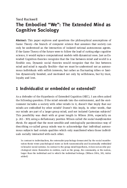 (PDF) The Embodied “We”: The Extended Mind as Cognitive Sociology.