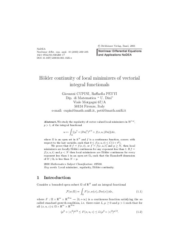 (PDF) Hölder continuity of local minimizers of vectorial integral functionals