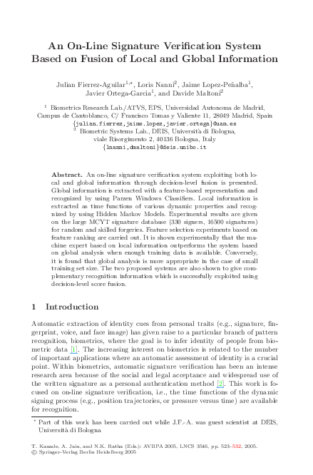 (PDF) An On-Line Signature Verification System Based on Fusion of Local and Global Information