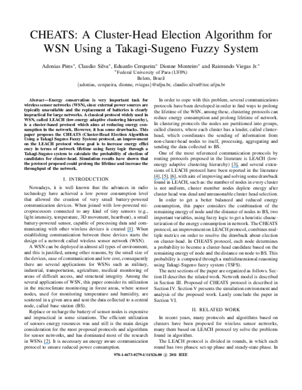 Pdf Cheats A Cluster Head Election Algorithm For Wsn Using A Takagi