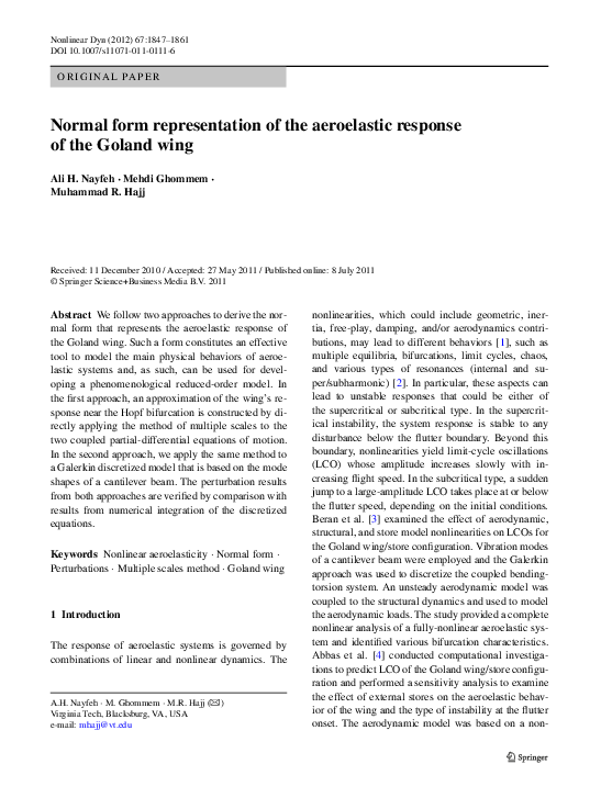 (PDF) Normal form representation of the aeroelastic response of the ...