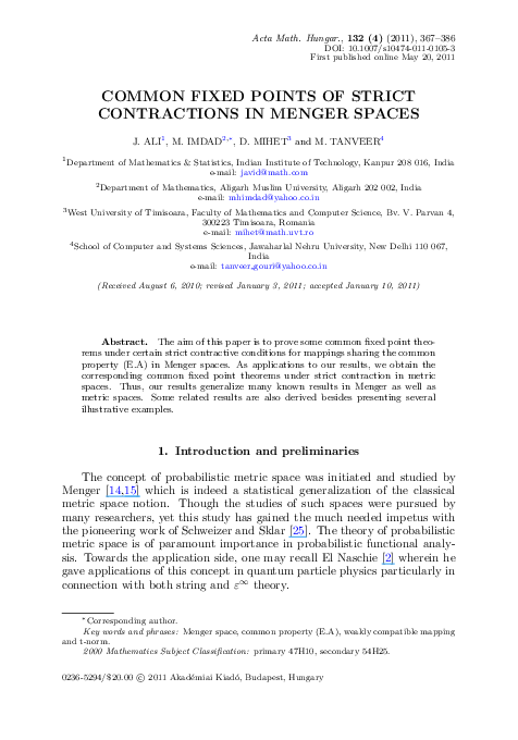 Pdf Common Fixed Points Of Strict Contractions In Menger Spaces