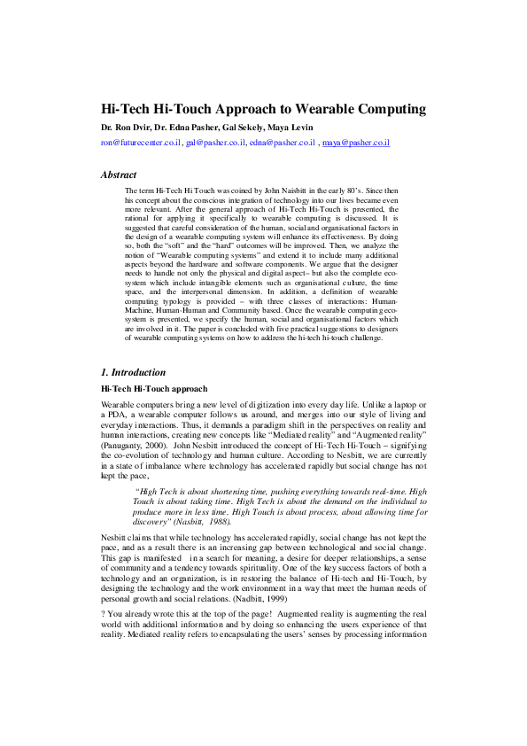 (PDF) Hi-Tech Hi-Touch Approach to Wearable Computing