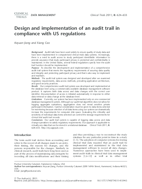 (PDF) Design and implementation of an audit trail in compliance with US ...