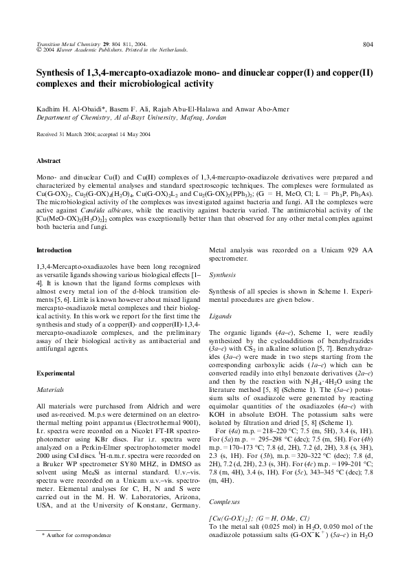 (PDF) Synthesis of 1,3,4-mercapto-oxadiazole mono- and dinuclear copper(I) and copper(II ...