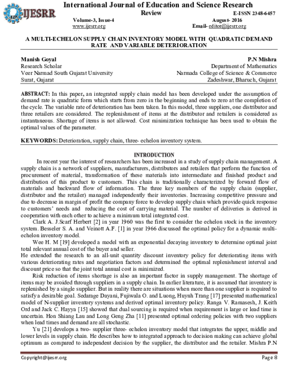 Pdf A Multi Echelon Supply Chain Inventory Model With Quadratic