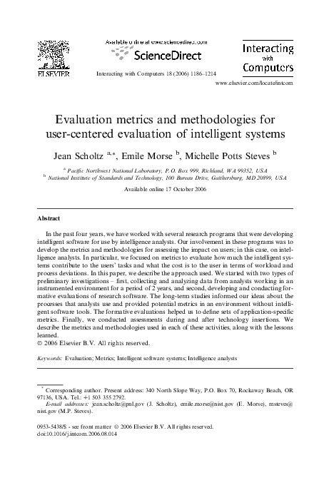 (PDF) Evaluation metrics and methodologies for user-centered evaluation of intelligent systems