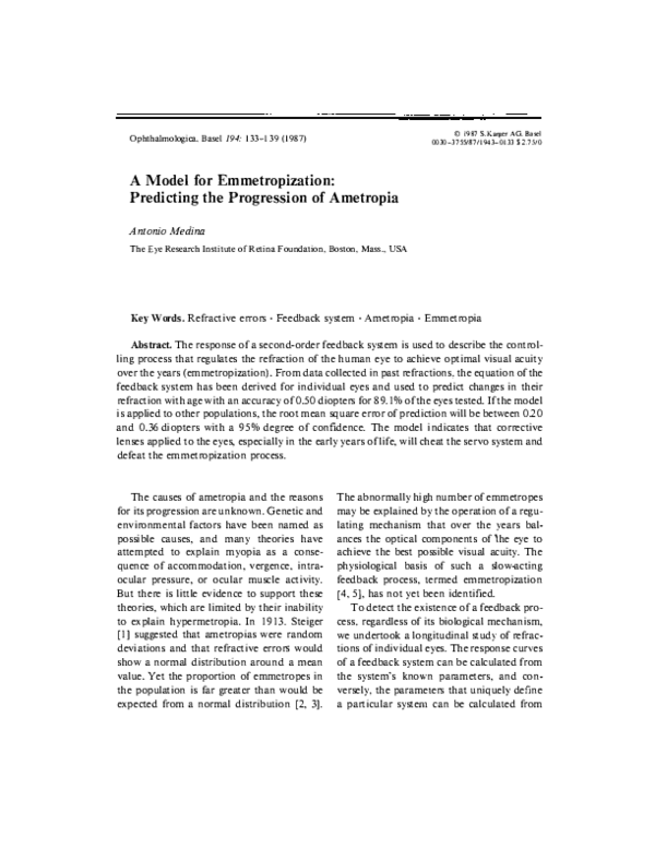(PDF) A Model for Emmetropization: Predicting the Progression of Ametropia