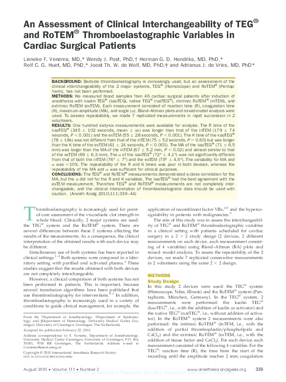 (PDF) An assessment of clinical interchangeability of TEG and RoTEM ...