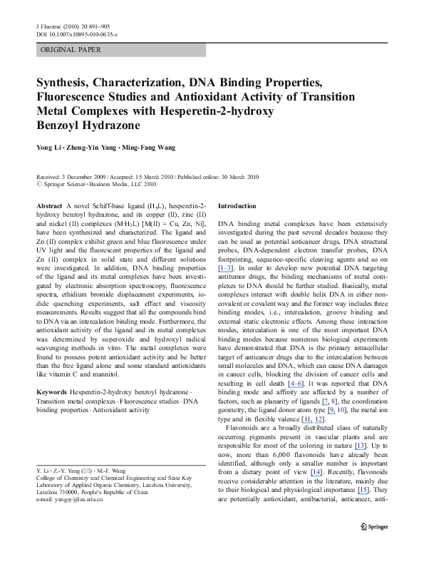 (PDF) Synthesis, Characterization, DNA Binding Properties, Fluorescence Studies and Toxic ...