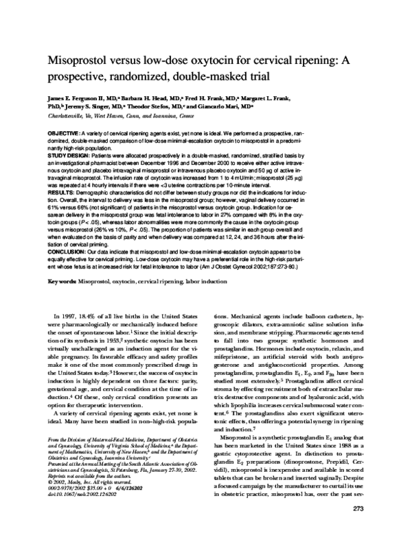 (PDF) Misoprostol versus low-dose oxytocin for cervical ripening: a ...