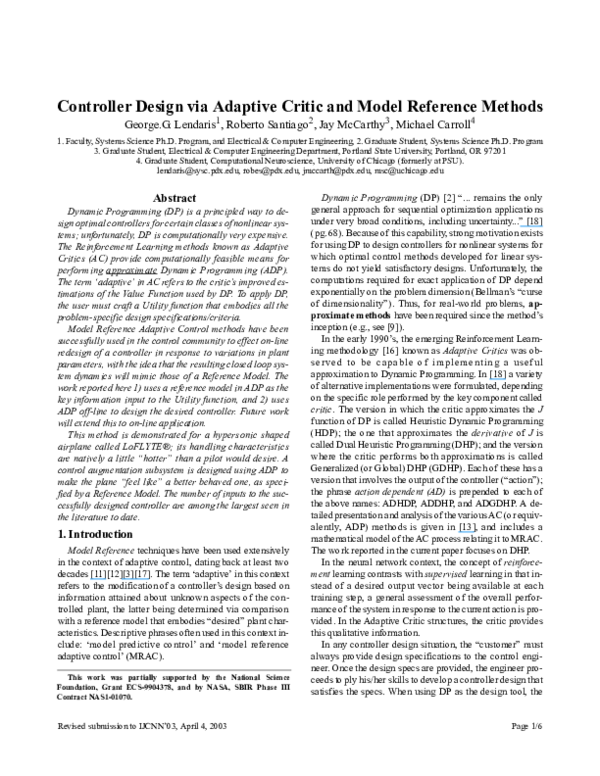 (PDF) Controller design via adaptive critic and model reference methods