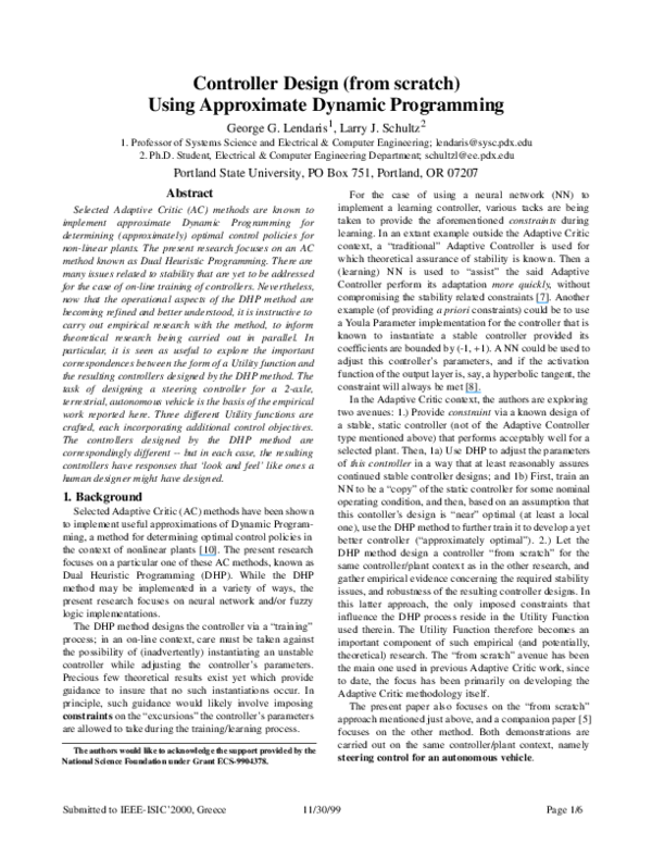 Pdf Controller Design From Scratch Using Approximate Dynamic Programming George Lendaris