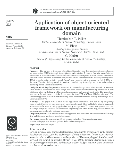 Pdf Application Of Object Oriented Framework On Manufacturing Domain