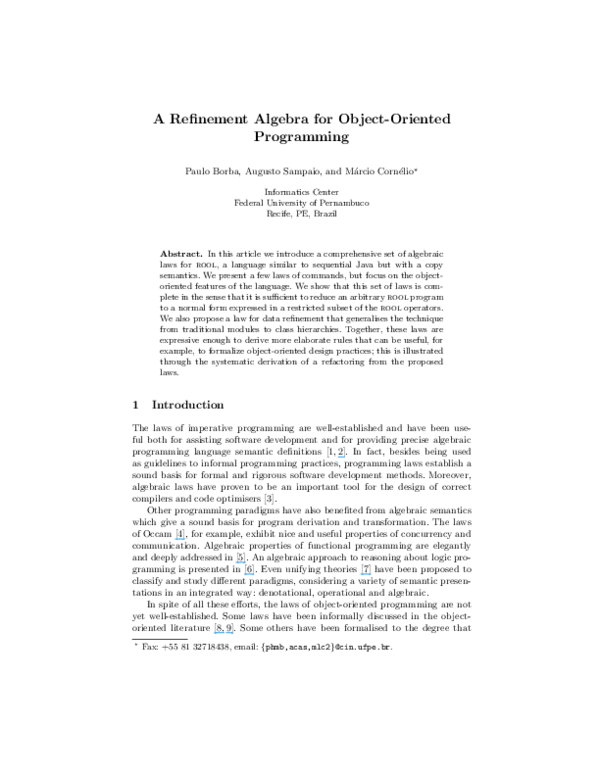 (PDF) A Refinement Algebra for Object-Oriented Programming