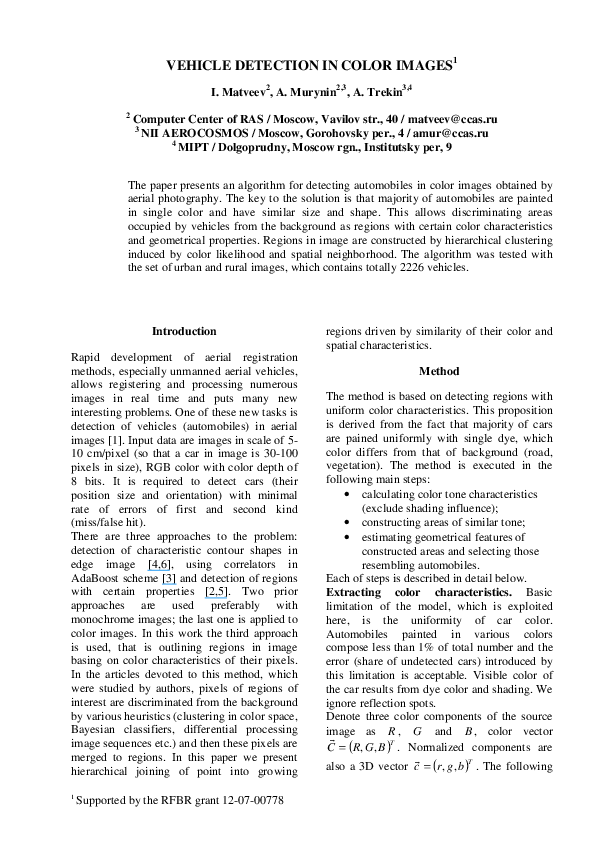 (PDF) Vehicle detection in color images