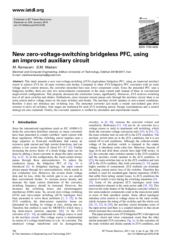 Pdf New Zero Voltage Switching Bridgeless Pfc Using An Improved Auxiliary Circuit
